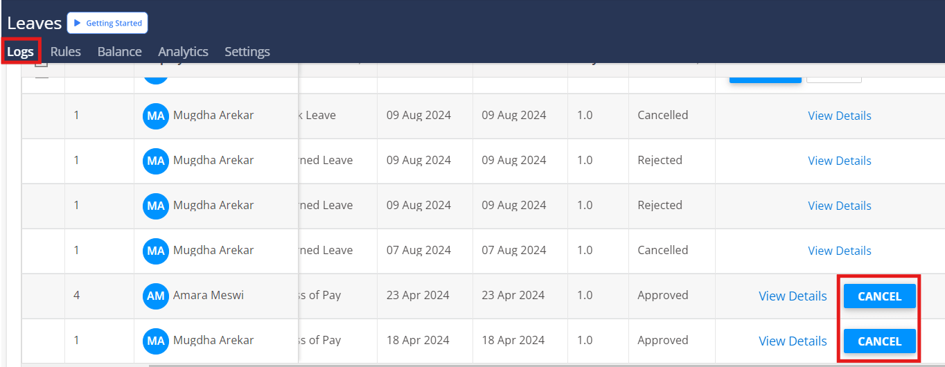 What is the procedure for canceling a leave that has been approved? - Support Kredily