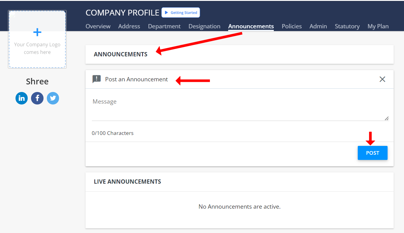 Manage Employee Updates via Announcement Settings | Kredily
